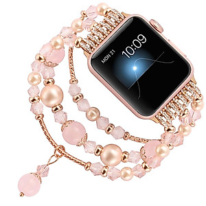 Suppeak Band Compatible with Apple Watch 38mm 40mm 41mm, Women Girl Elastic Handmade Pearl Bracelet Replacement for Series SE 7 6 5 4 3 2 1, Pink