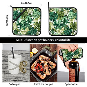 Pot Holders Set of 2, Tropical Green Palm Leaves Heat Resistant Kitchen Non Slip Printed Cooking Barbecue Baking Microwave, 8x8 Inches