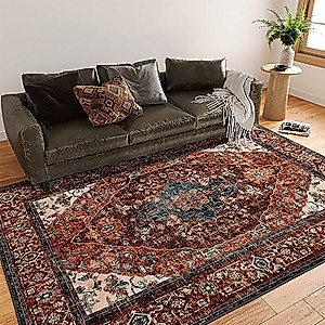 Valenrug Area Rug 5x7 - Stain Resistant Lightweight Washable Rug, Anti-Skid Rugs for Living Room, Vintage Tribal Area Rug(Coffee/Red, 5'x7')