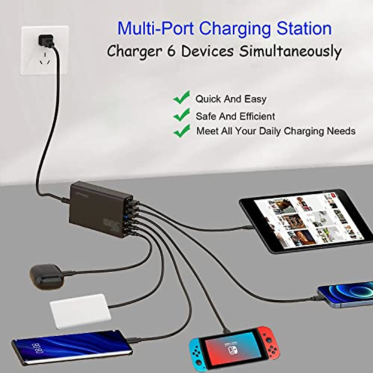 Multi USB Charger Station, 96W GaN Compact 6 Port USB C Fast Charging Station, Portable USB C Wall Charger Adapter 3 USB C + 3 QC USB A for All iPad iPhone 14 13 12 11 Pro Max Pixel Samsung and More
