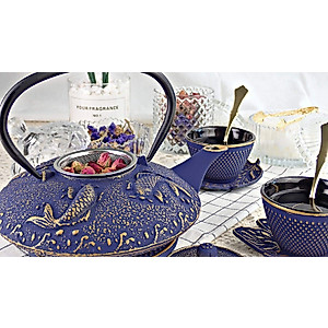 KIYOSHI Luxury 7PC Japanese Tea Set."Midnight Blue Koi" Cast Iron Tea Pot with 2 Tea Cups, 2 Saucers, Loose Leaf Tea Infuser and Teapot Trivet. Ceremonial Matcha Accessories