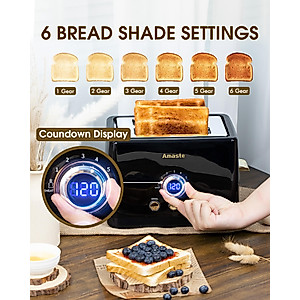 2 Slice Toaster, Retro Bread Toaster with LED Digital Countdown Timer, Extra Wide Slots Toasters with 6 Shade Settings, Bagel, Cancel, Defrost Function, High Lift Lever, Removal Crumb Tray, Black