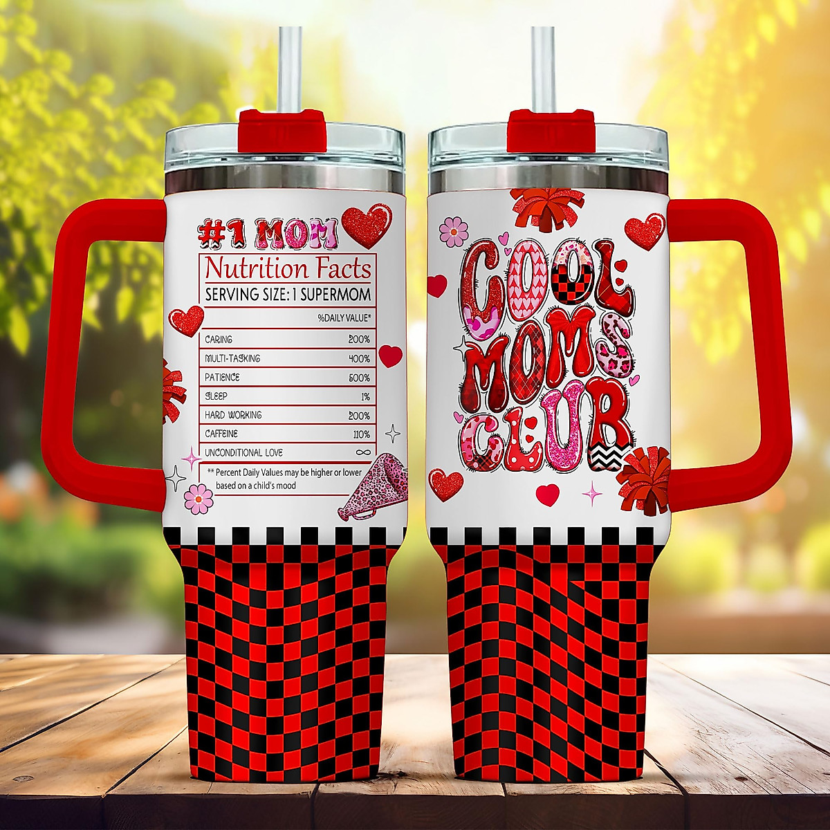 99WHALE Cool Moms Club Gifts, Tumbler 40 Oz With Handle Lid And Straw, Red Print Green Daisy Water Straws Simple Simply Handle Tumblers, Mom Retro Groovy Checked Nutrition Facts