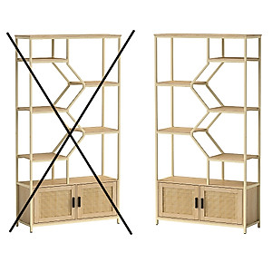 Rattan Bookshelf with 1 Natural Rattan Storage Cabinet and 7 Open Display Shelves, 7 Tier Bookshelf w/Adjustable Shleves & Foot Pad for Living Room, Bedroom, Office, Metal Shelves, Natural