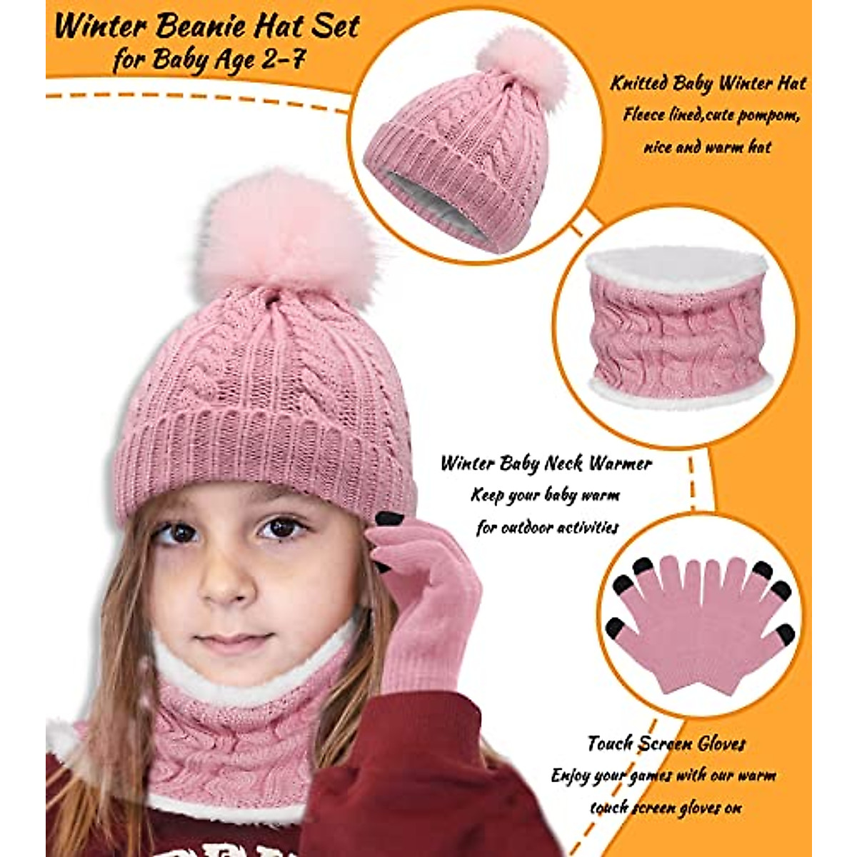 KMOLY Kids Winter Hat Set for Boys Girls Age 2-7,Toddler Beanie Neck Warmer Touchscreen Gloves Baby Knit Ski Cap Set (Pink)