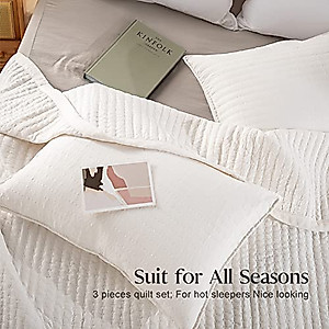 DAWNDIOR King Quilt Bedding Sets & Collections Modern Farmhouse Boho Luxury Neutral Stitch Bedspread Coverlet Soft Lightweight Cream Reversible Comforter for Summer (1 Quilt,2 Pillow Shams)