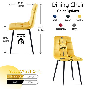 NORDICANA Yellow Velvet Dinner Chairs Set of 4, Modern Armless Biscuit Tufted Dining Side Chairs with Metal Legs for Kitchen Living Room Vanity