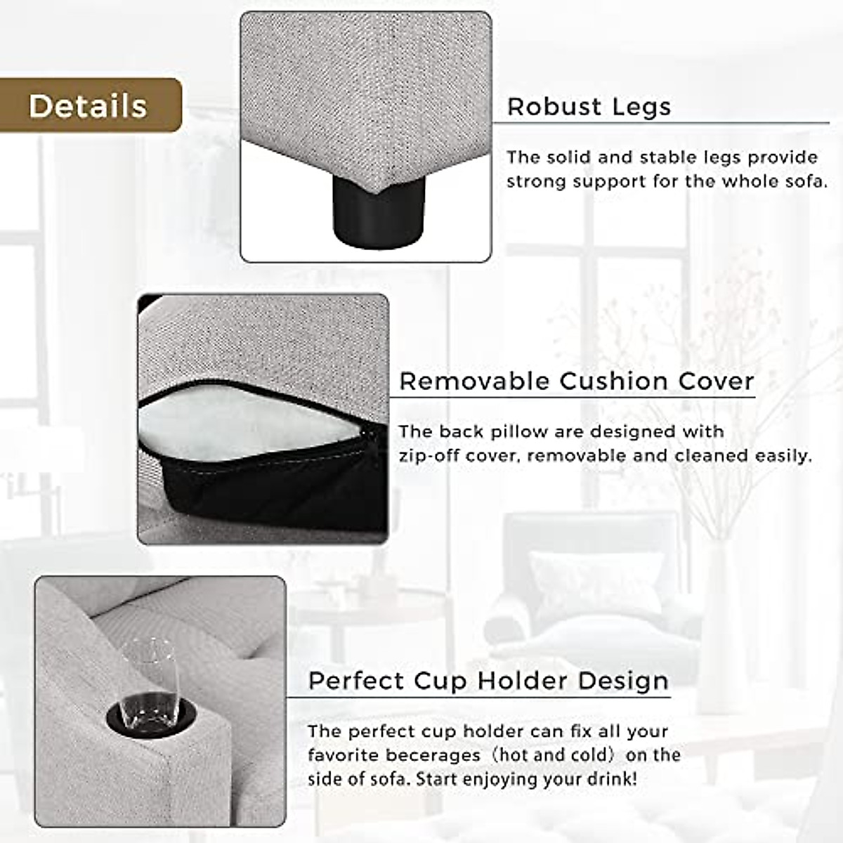 UBGO Modular, L-Shaped Living Room Furniture Sets,Pull Modern Padded Upholstered Sofa Bed, Linen Fabric 3 Seater Storage Chaise and Cup Holder, Couch for Small Spaces,Gray