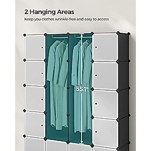 SONGMICS Cube Storage Organzier Portable Wardrobe Closet, 12 Cubes DIY Plastic Armoire Cabinet Modular Shelves Unit with Doors and Hanging Rods for Bedroom, Black ULPC301B01
