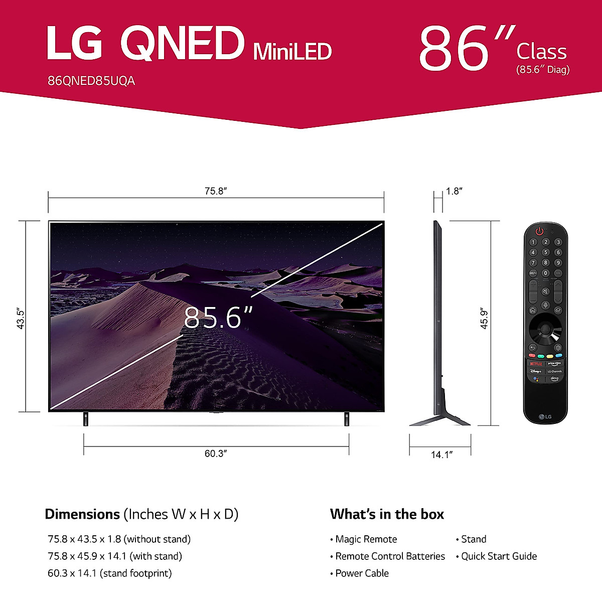 LG QNED85 Series 86-Inch Class QNED Mini-LED Smart TV 86QNED85UQA, 2022 - AI-Powered 4K , Alexa Built-In, Grey