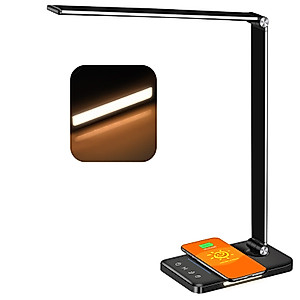 AFROG Multifunctional LED Desk Lamp with 10W Fast Wireless Charger, USB Charging Port, 5 Lighting Modes,7 Brightness Levels, 40 min Timer, Night Light Function,Eye-Caring Office Lamp, 5000K,8W,Black