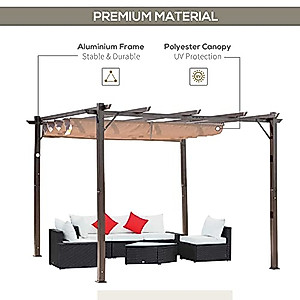 Outsunny 10' x 10' Outdoor Retractable Pergola Canopy, Aluminum Patio Pergola, Backyard Shade Shelter for Porch Party, Garden, Grill Gazebo - Brown
