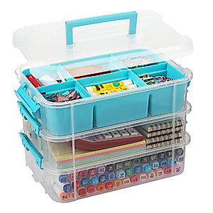 BTSKY 3 Layer Stack & Carry Box, Plastic Multipurpose Portable Storage Container Box Handled Organizer Storage Box with Removable Tray for Organizing Sewing, Art Craft, Supplies Blue