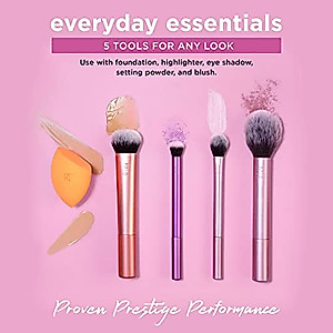 Real Techniques Everyday Essentials Kit, Makeup Brushes & Makeup Blending Sponge, Makeup Tools For Foundation, Blush, Bronzer, & Eyeshadow, Synthetic Bristles, 5 Piece Set
