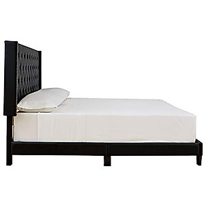 Signature Design by Ashley Vintasso Glam Button-Tufted Faux Leather Platform Bed with Rhinestones, Queen, Black