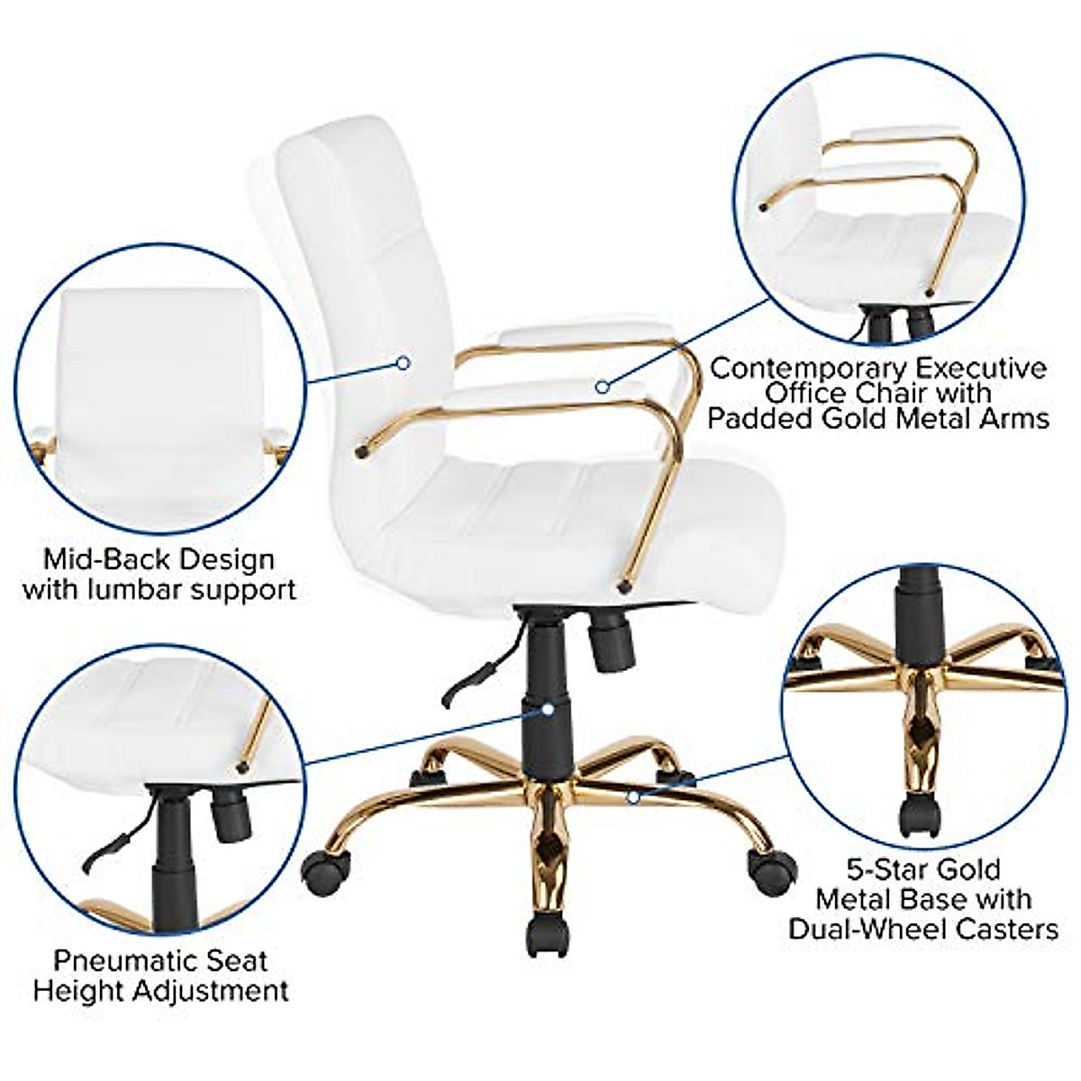 Flash Furniture Whitney Mid-Back Desk Chair - White LeatherSoft Executive Swivel Office Chair with Gold Frame - Swivel Arm Chair
