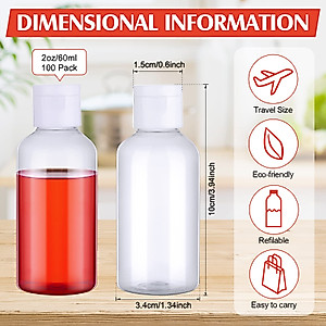 100 Pack 2 oz Travel Bottles Plastic Bottles with Lids Travel Size Cover Cap Plastic Travel Size Bottles Refillable Dispensing Bottles with 5 Funnels Liquid Lotion for Travel(Clear)