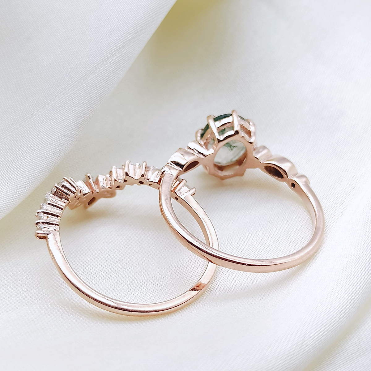 Natural Moss Agate Ring Set For Women Pear Oval Shaped Gold Ring Silver Ring Delicate Ring Stacking Ring Promise Ring For Women's Birthday Gift By FOREVER GEMS & JEWELS, Rose Gold,White,Green,Silver