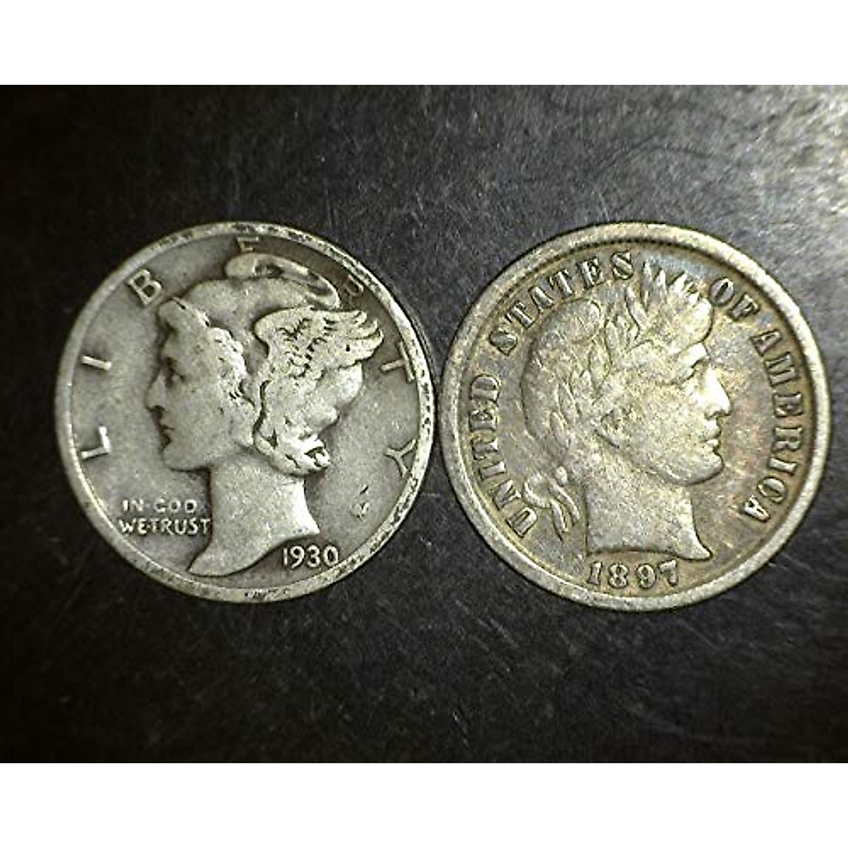 1892 to 1945 PD or S - Set of 2 coins - Mercury and Barber Dimes - 90% Silver - Different Dates from 1892 to 1945 Dimes Seller VG-08 and better