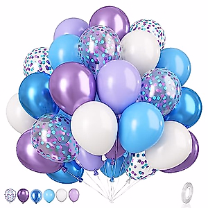 Blue and Purple Balloons Set, 50 PCS Blue 12 Inch Mermaid Balloons, Metallic Purple Blue White Latex Balloons Confetti Helium Balloons for Girls Mermaid Birthday Party Baby Shower Winter Supplies