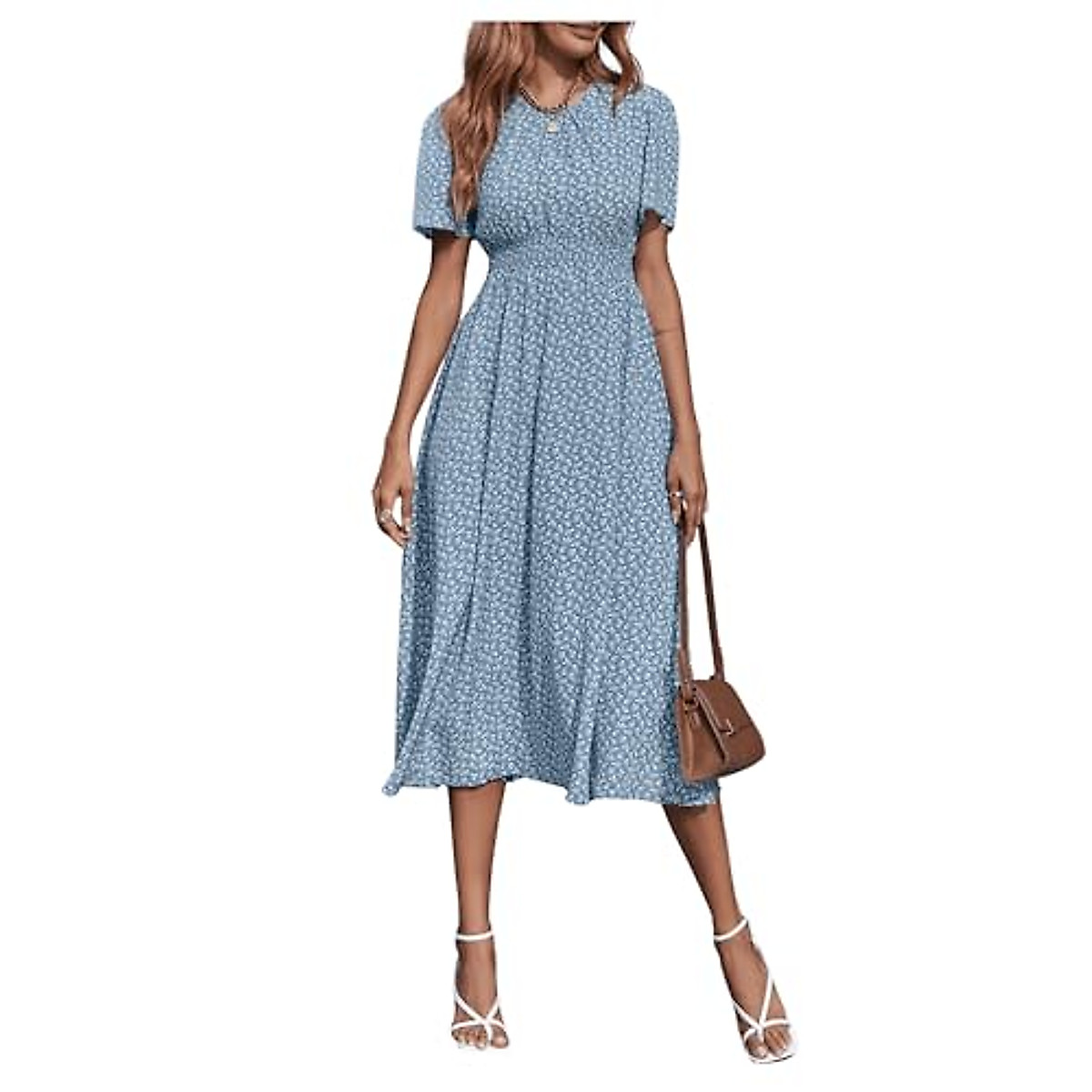 Floerns Women's Casual Floral Print Crewneck Short Sleeve A Line Boho Maxi Dress Blue M