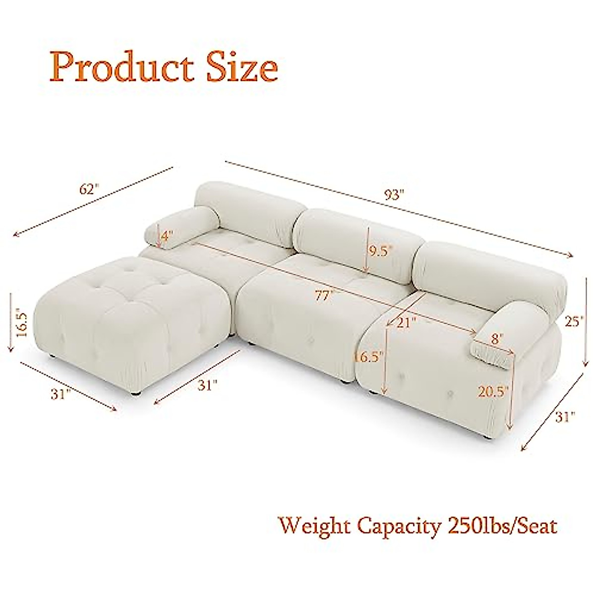 Tmsan Modular Sectional Sofa, 93" Velvet Sectional Couches for Living Room, Modern L-Shaped Sofa Deep Seat Cloud Couch DIY Combination Reversible Chaise for Bedroom Apartment Office (Beige Velvet)