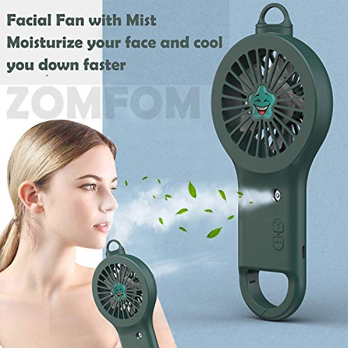 ZOMFOM Nano Misting Fan, Mist Spray Pores Water SPA Moisturizing Hydrating Face Sprayer USB Rechargeable, Spray Water Mist Fan, Nano Handheld Misting Fan with 2 button (ArmyGreen)