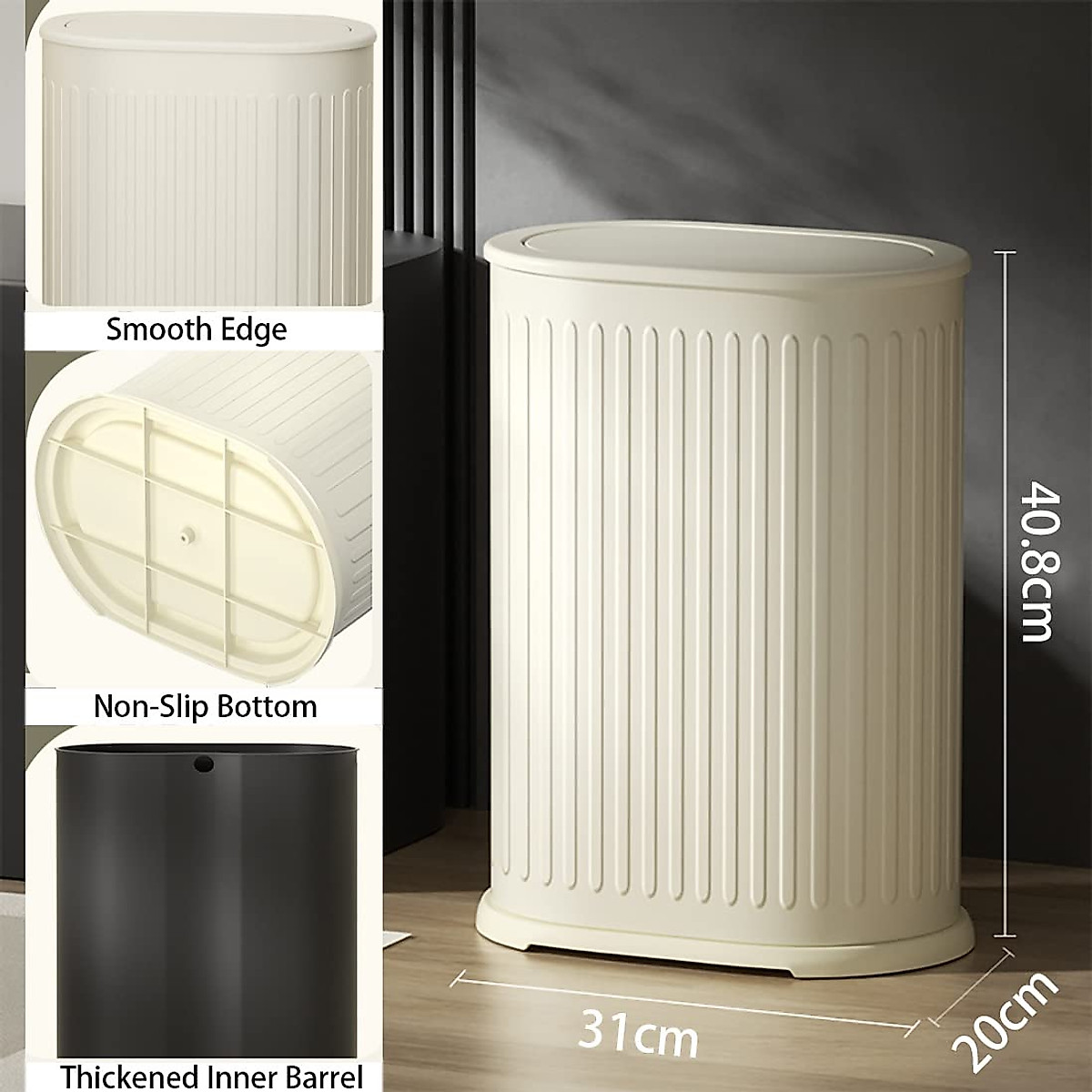 Aupekro Bathroom Trash Can with Lid, 4 Gallon Stainless Steel Garbage Can with Removable Inner Bucket, Slim Rectangular Trash Can for Living Room, Kitchen, Office, Bedroom (Milky White)