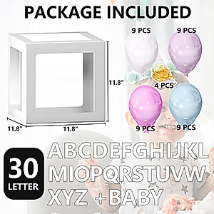 Uptotop 4 Pcs Baby Boxes with 30 Letters and 36 Balloons and 4 fairy string lights, for Baby Shower Gender Reveal Girl Boy Blocks Birthday Party Balloon Box Decorations(A-Z + BABY) 