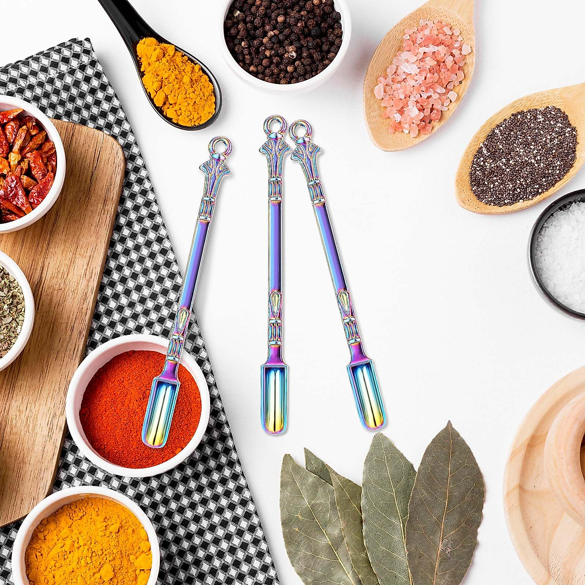 Molain 4 Pcs Mini Spoons, Metal Small Shovel Spice Spoon Mini Spoons for Powder Medicine Spoons Scoop Spoons Home Supplies Pendants Necklace (Colorful)