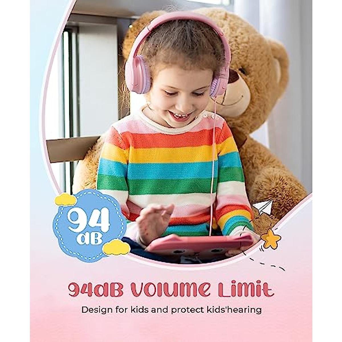 DyBaxa Kids Headphones, Wired Foldable On-Ear Headphones for Kids, Volume Limiter 94dB, Kid Headphones for School Classes Travel, 3.5mm Jack Kids Headset Compatible Smartphones Tablet, Pink