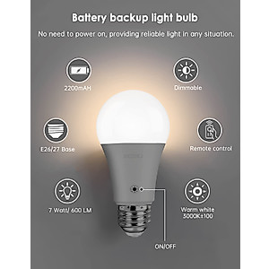 Rechargeable Light Bulbs LED Battery Backup Light Bulb with Remote Control Battery Operated Emergency Bulb Lamps for Home Power Outage and Camping Outdoor Activity Dimmable 7W 600LM Soft White