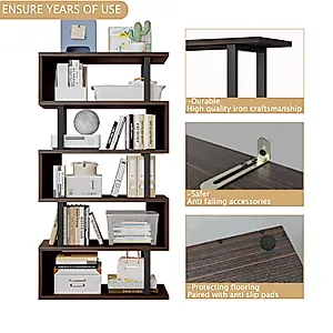 SORCEDAS Bookshelf Geometric Bookcase S Shaped Industrial Bookshelf Storage Display Stand Shelf for Living Room Bedroom and Office Room (Black, 5 Tier)