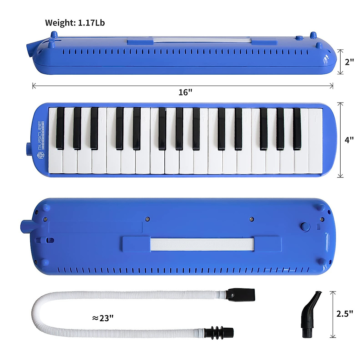 MUSICUBE Melodica for Kids 32 Keys Melodica Instrument Air Piano Keyboard with 1 Long Tube, 1 Short Mouthpiece for Beginners Students, Musical Gift for Boys & Girls (Blue)