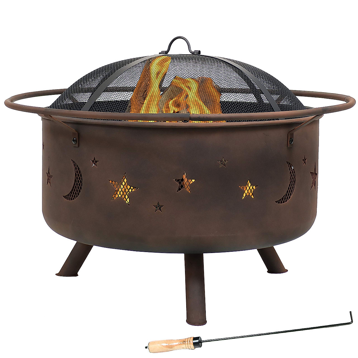 Sunnydaze 30-Inch Cosmic Fire Pit with Cooking Grill Grate, Spark Screen, and Fireplace Poker and Round Gray/Black Heavy-Duty 300D Polyester 2-Tone 30-Inch x 12-Inch Outdoor Fire Pit Cover Bundle