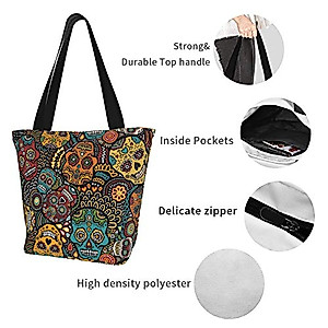 antcreptson Mexican Sugar Skulls Canvas Tote Bag Large Women Casual Shoulder Bag Handbag, Watercolor Sunflower Reusable Multipurpose Heavy Duty Shopping Grocery Cotton Bag for Outdoors.