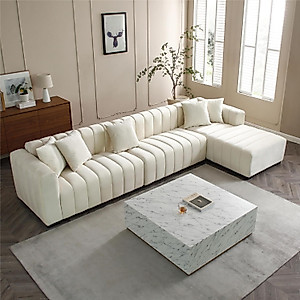 KEVINSPACE 139" Modern Large Velvet Fabric Sectional Sofa, L-Shape Couch 5-Seat Couch with 5 Same Color Pillows, Extra Wide Chaise Lounge for Living Room, Apartment, Office,Beige Right Facing