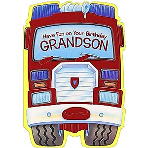 Designer Greetings Red Fire Engine with Purple Lights Die Cut Juvenile Birthday Card for Grandson