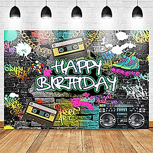 Mocsicka Graffiti 80's 90's Birthday Backdrop Urban Retro Birthday Party Background 80's 90's Hip Hop Rock Birthday Party Cake Table Decoration Banner Photo Booth Props (7x5ft)