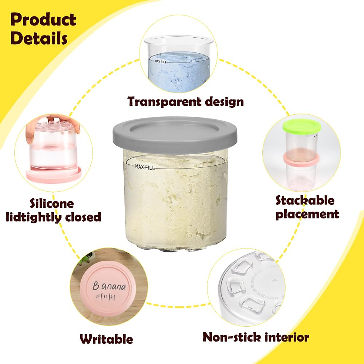 Creami Pint Containers with Lids Compatible with Ninja Creami Ice Cream Maker NC301 NC300 NC299AMZ, 4-Pack-16OZ Ninja creami accessories, Ice Cream Pint Containers Dishwasher Safe