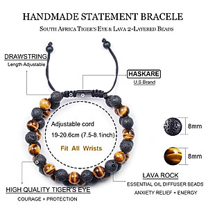 Tiger Eye Bracelet for Men, HASKARE Premium Tiger Eye Beads Bracelet Lava Stone Bracelet, Handmade Double Protection Crystal Bracelet Mens Jewelry Father Christmas Gift for Energy Protection