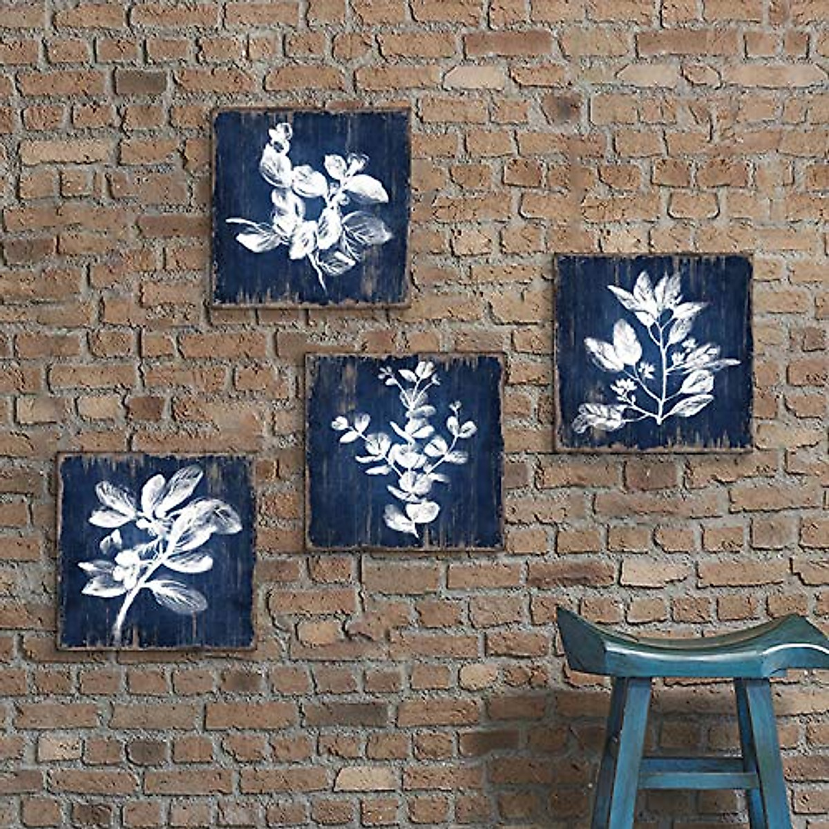 Hardy Gallery White Botanical Wall Canvas Art: Artistic Plant Picture Dark Blue Background Painting for Bathroom (12 x 12 x 4 Panels)