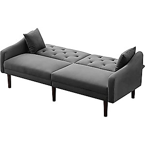 DNYN Convertible Sleeper Futon Sofa with 2 Pillows, Velvet Tufted Couch w/Metal Legs and Adjustable Backrest, for Apartment Office Small Space Living Room Furniture, Gray