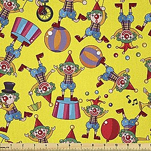 Lunarable Circus Fabric by The Yard, Clown Pattern with Balls Balloons Performing Festival Themed Image Humorous Funny, Microfiber Fabric for Arts and Crafts Textiles & Decor, 1 Yard, Yellow
