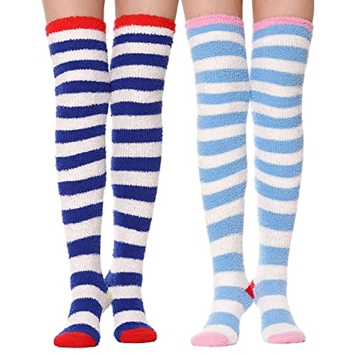 MOGGEI Womens Thigh High Fuzzy Socks Over Knee High Striped Stocking Stuffers Fluffy Cozy Slipper Fleece Gift Socks 2 Pairs (Blue & White Striped)