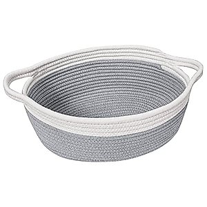 Goodpick Small Woven Basket Cute Gray Rope Basket Cotton Basket Baby Room Storage Basket Dog Toy Basket with Handles Empty Gift Basket for Shelf 12"x 8" x 5" Easter Basket Oval Candy Color Design