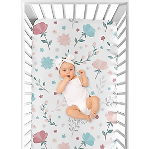 Sweet Jojo Designs Floral Rose Flowers Girl Fitted Crib Sheet Baby or Toddler Bed Nursery - Blush Pink Teal Turquoise Aqua Blue Grey Pop Flower Boho Shabby Chic Modern Colorful Watercolor Roses