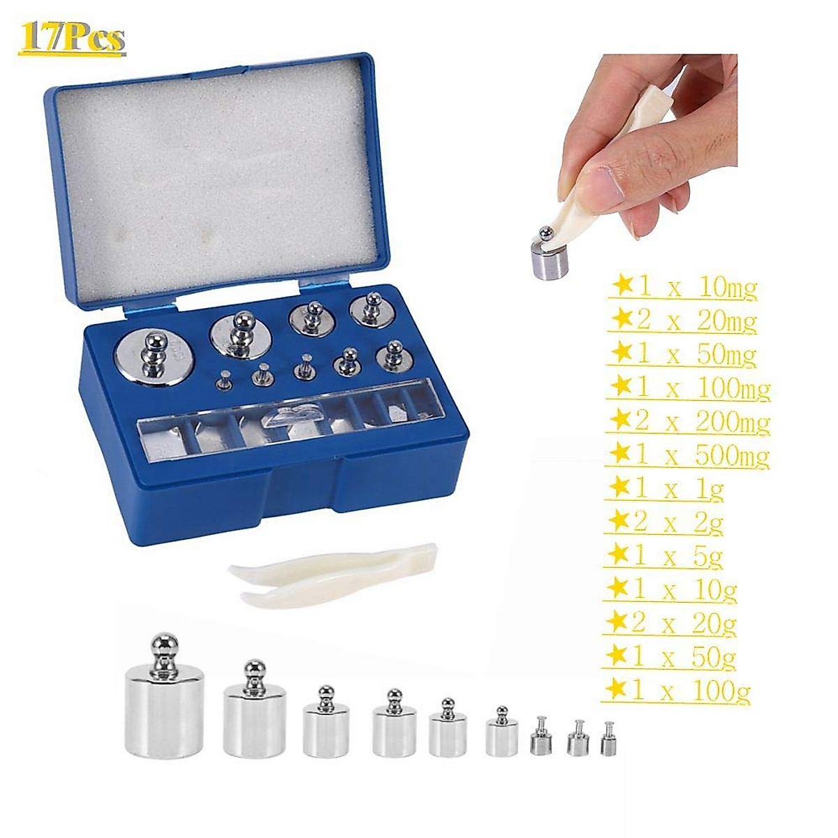 17 Pieces Gram Calibration Weight Set, 10mg-100g Precision 45# Steel Balance Scale Calibration Weight Kit with Tweezers for Digital Jewellery Scale Lab Educational Science Weights