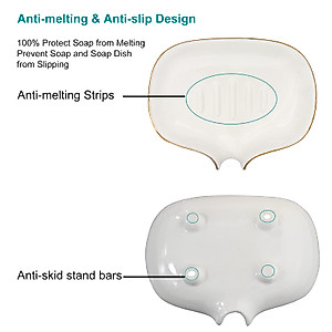 Polyroyal White Soap Dish Ceramic Self Draining Soap Dish Waterfall Slot Gold Edge Bathroom Accessories for Bathroom, Kitchen,Bar Counter