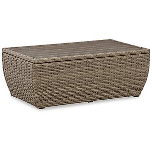 Signature Design by Ashley Sandy Bloom Casual Outdoor Resin Wicker Rectangular Coffee Table, Light Brown